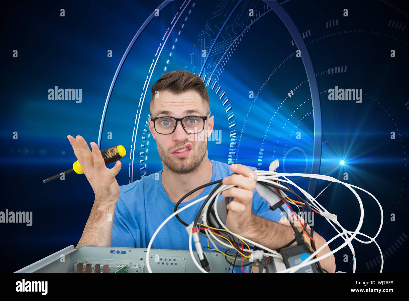 Composite image of portrait of confused young it professional with ...