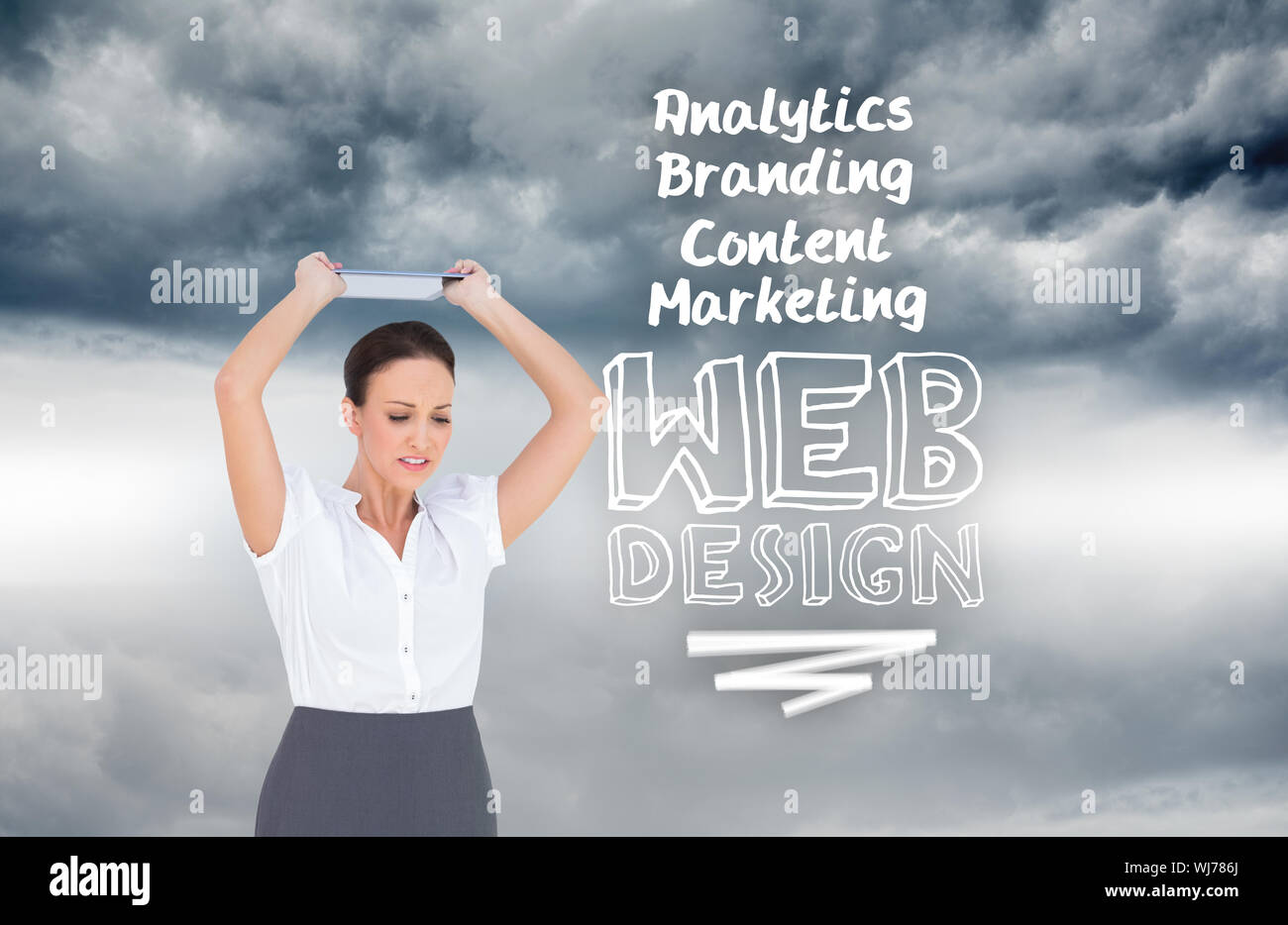 Composite image of angry businesswoman throwing her tablet pc while ...