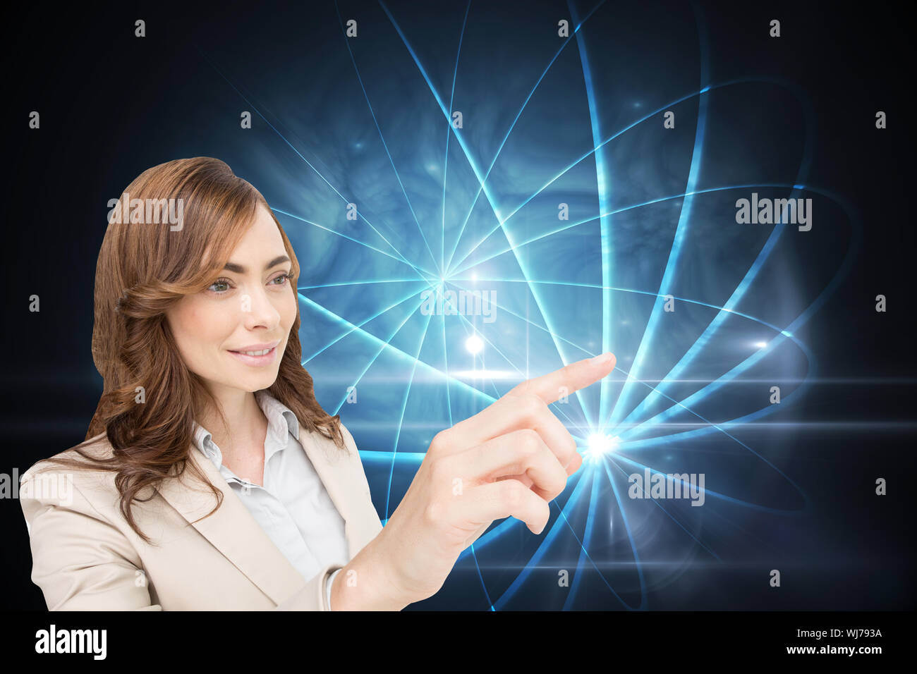 Composite image of businesswoman pressing an invisible key Stock Photo ...