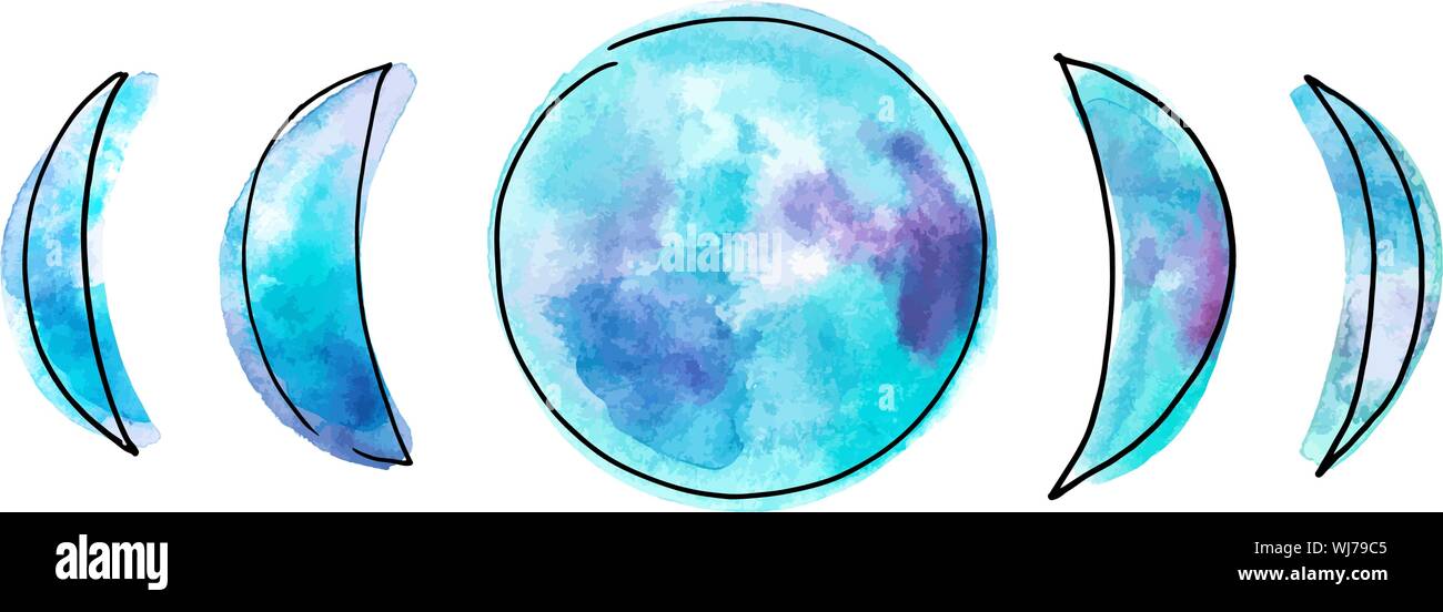 Phases of the moon, vector and watercolor drawing in teal blue Stock ...