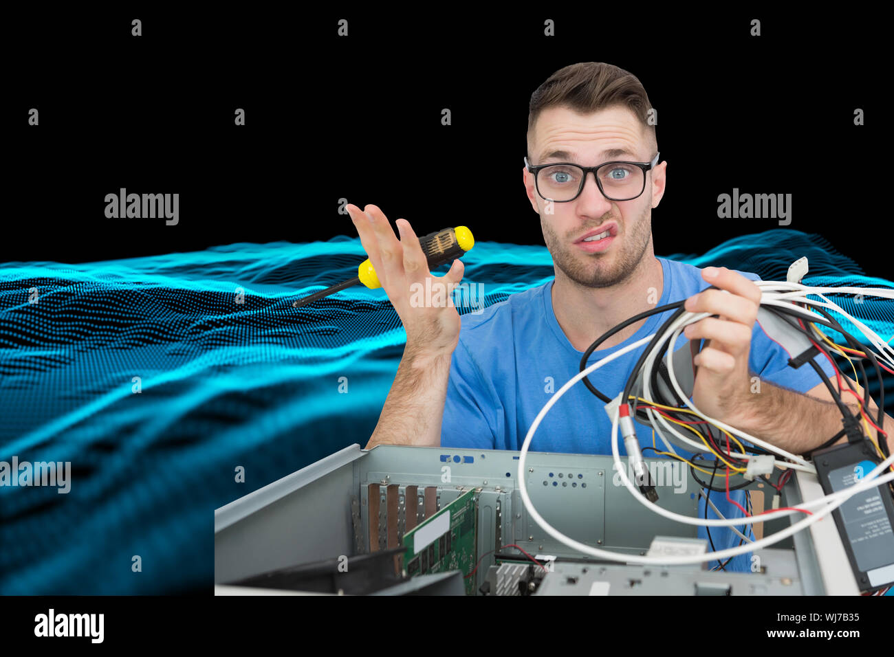 Composite image of portrait of confused young it professional with ...