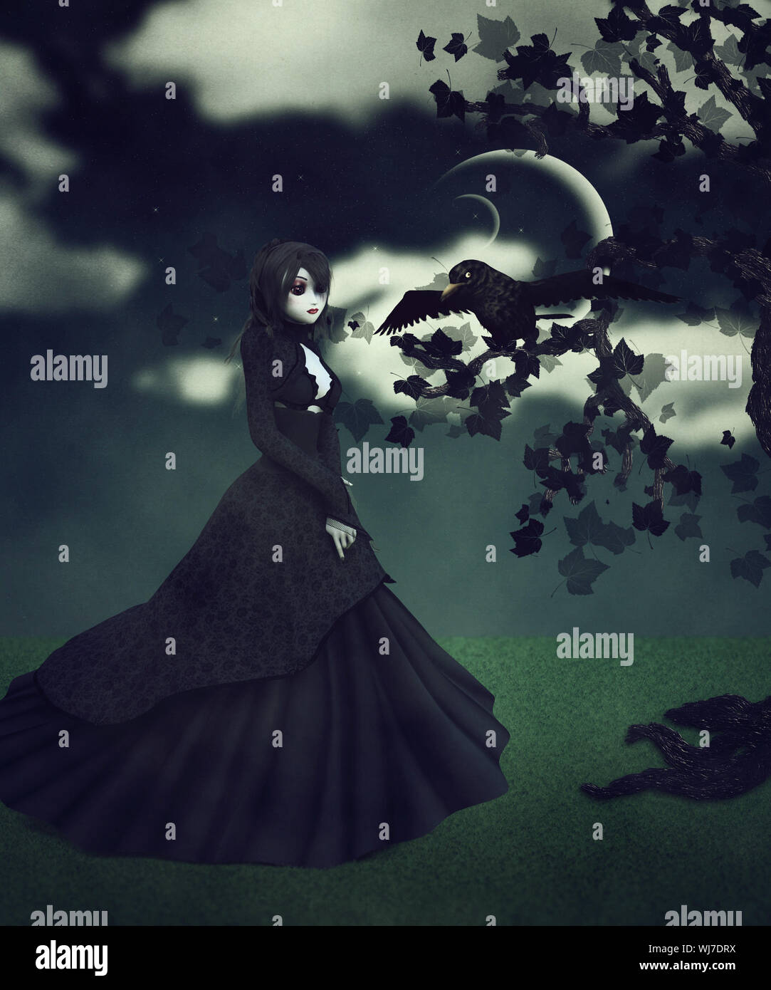 Illustration of a girl with black ravens grunge background Stock Photo ...