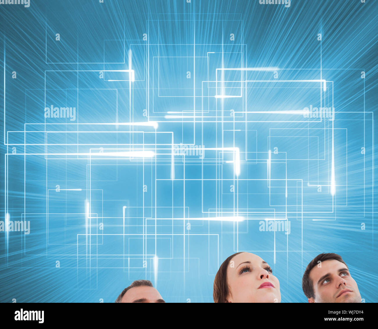 Composite image of serious work team posing together looking away on ...