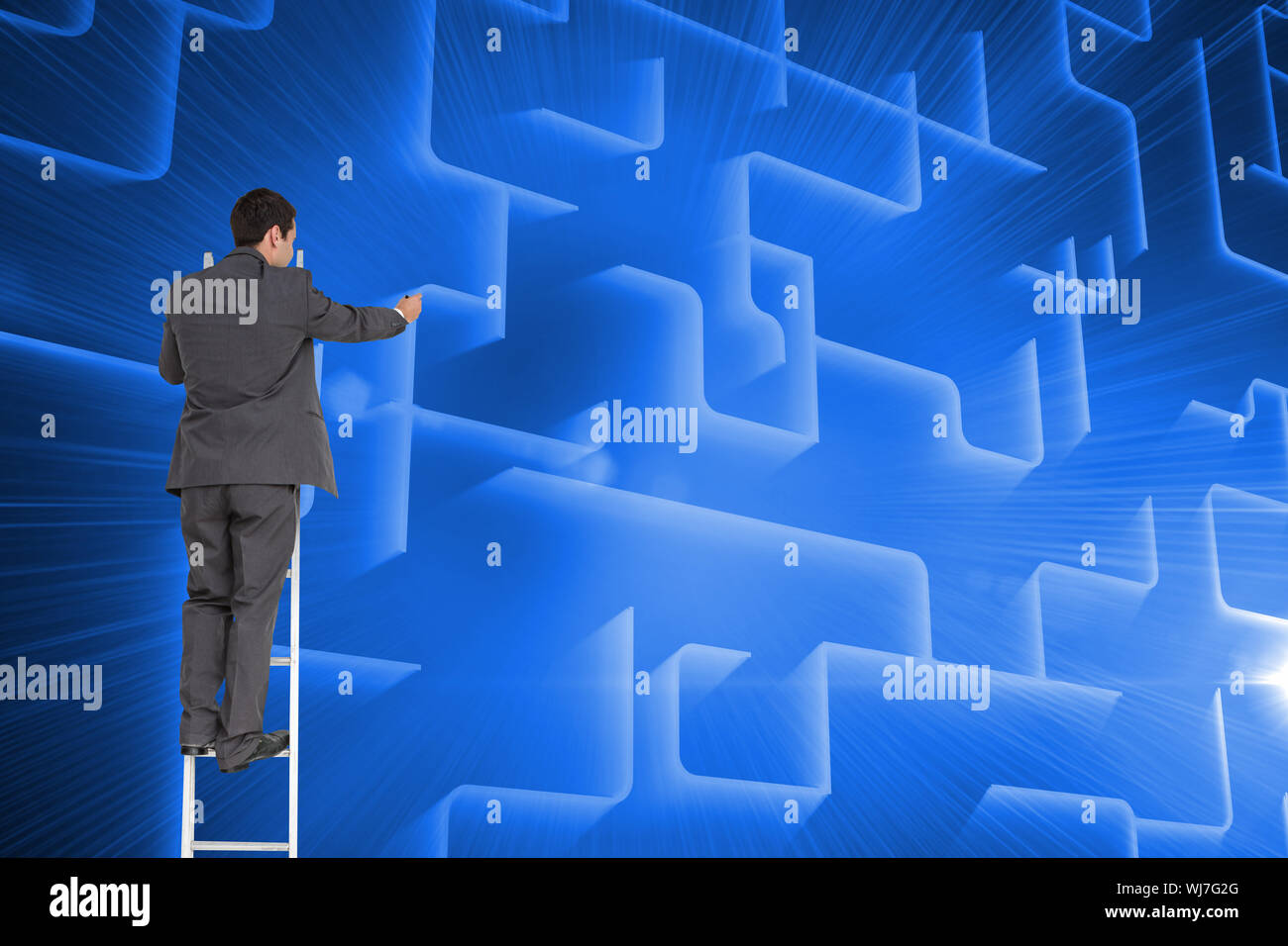 Composite image of businessman standing on ladder writing Stock Photo ...