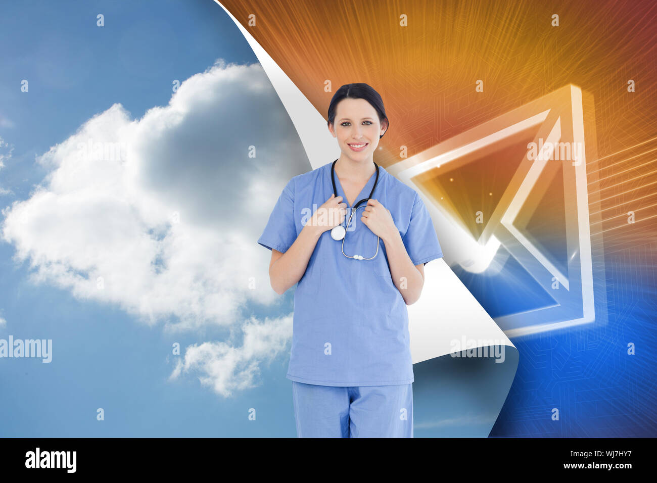 Composite image of young and confident medical intern wearing a blue ...
