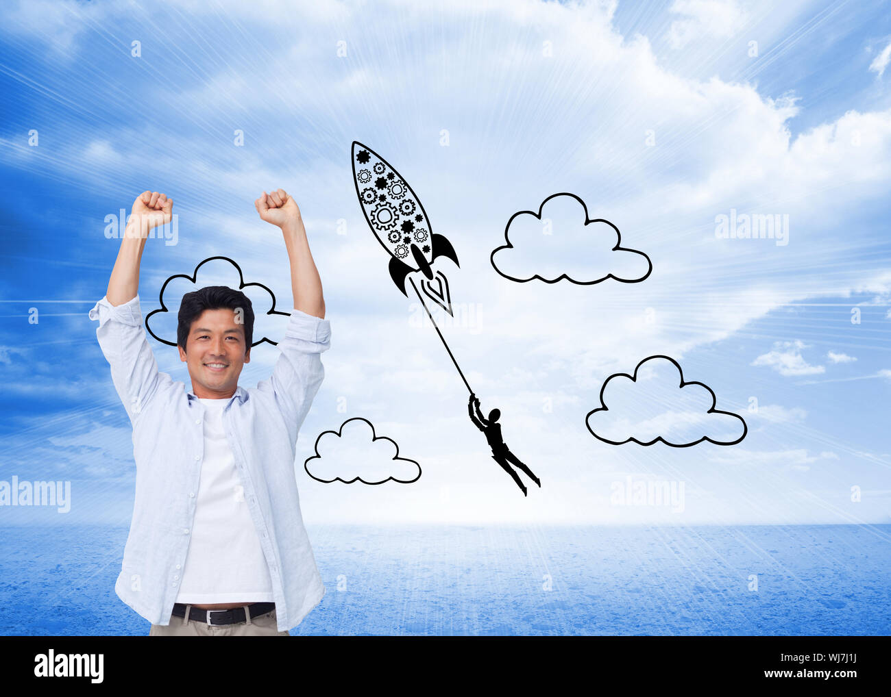 Composite image of cheering male with arms up against a white ...