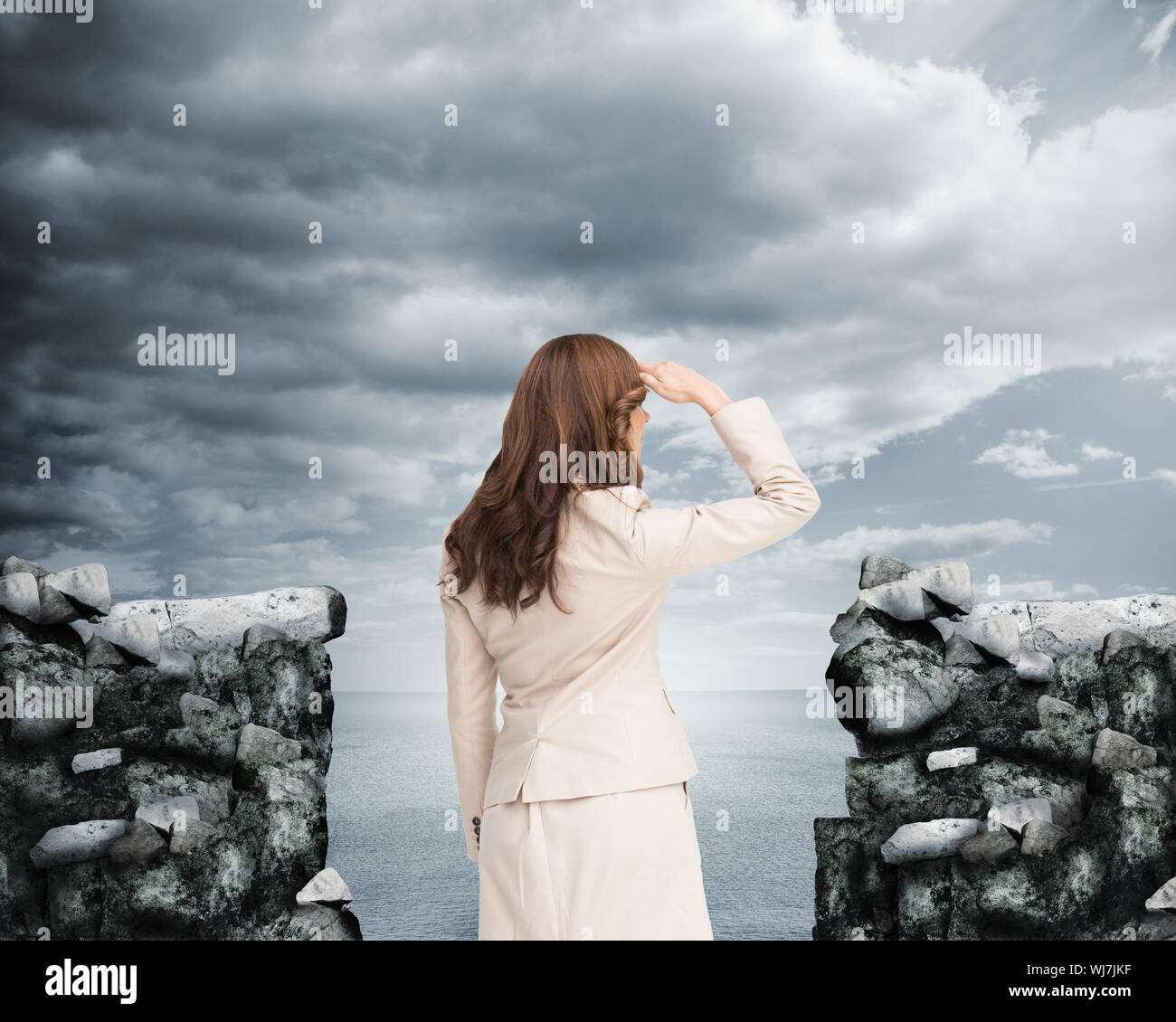Composite image of rear view of young businesswoman looking away on ...