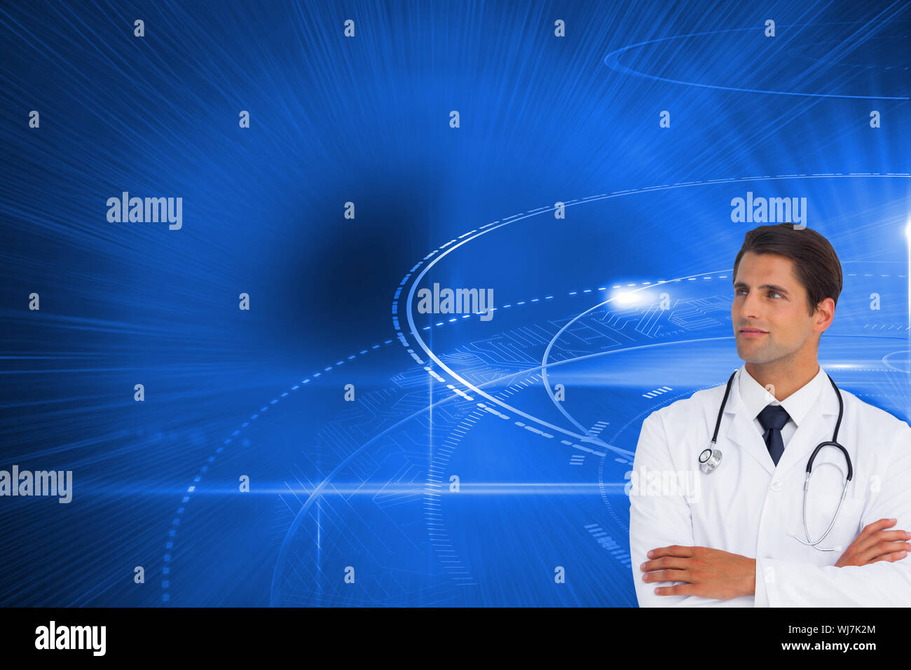 Composite image of confident doctor with arms crossed looking up on ...