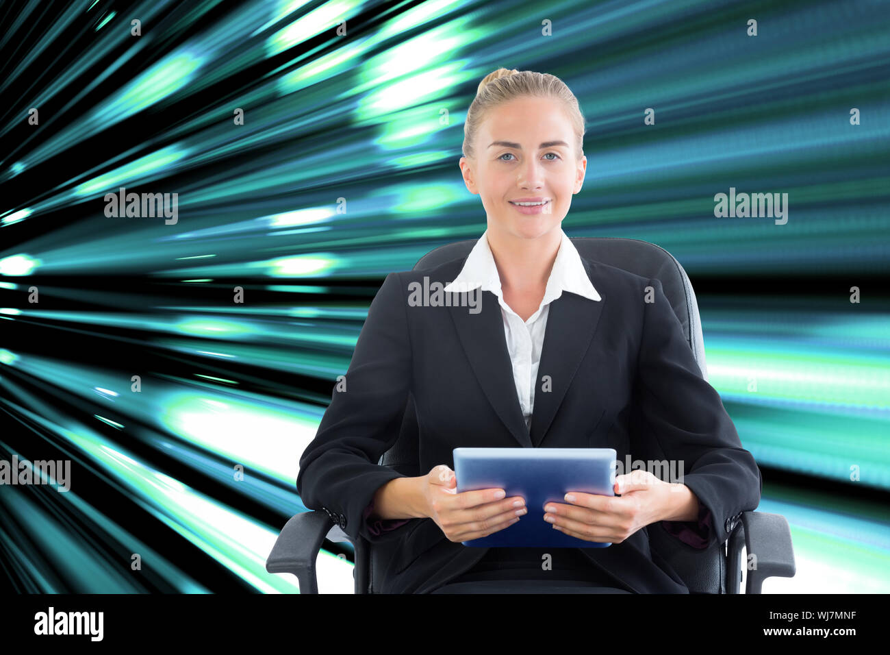 Composite image of blonde businesswoman sitting on swivel chair with ...