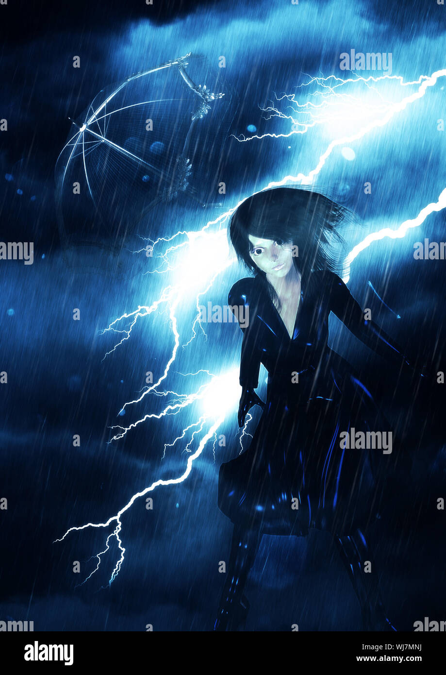 Abstract 3d render girl and umbrella during storm with heavy rain ...