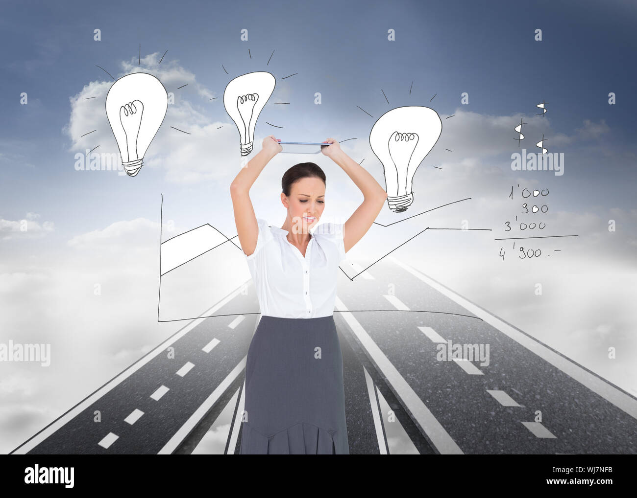 Composite image of angry businesswoman throwing her tablet pc while ...