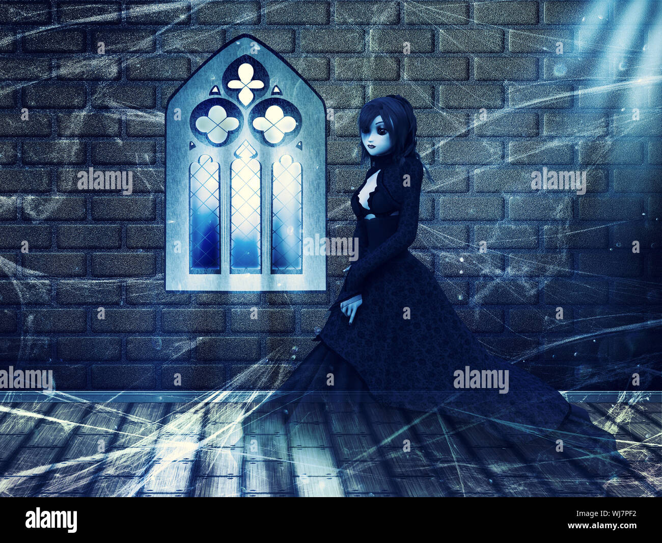 Illustration of haunted old castle interior with ghost, vampire, witch ...