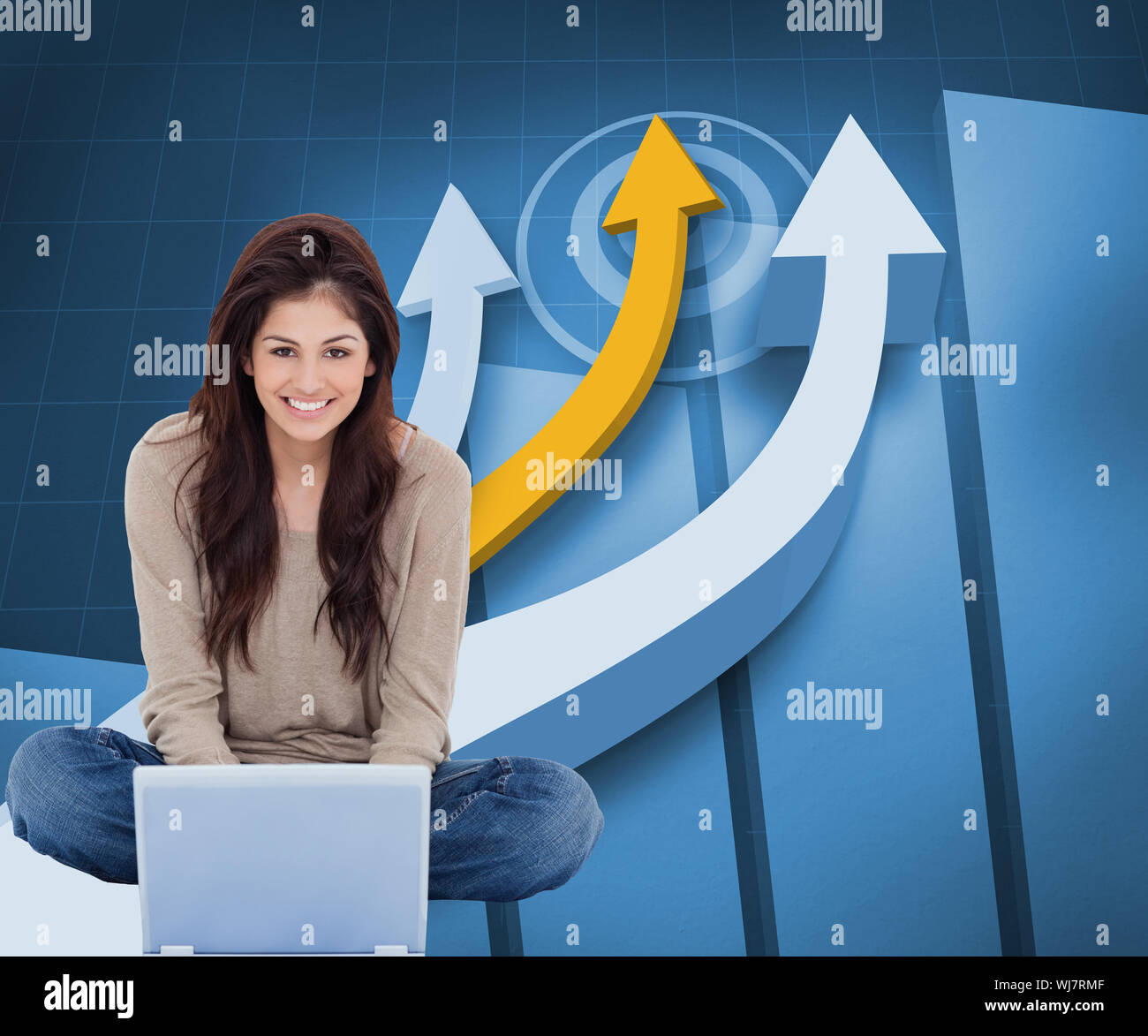 Composite image of a woman smiling as she looks forward in front of her ...
