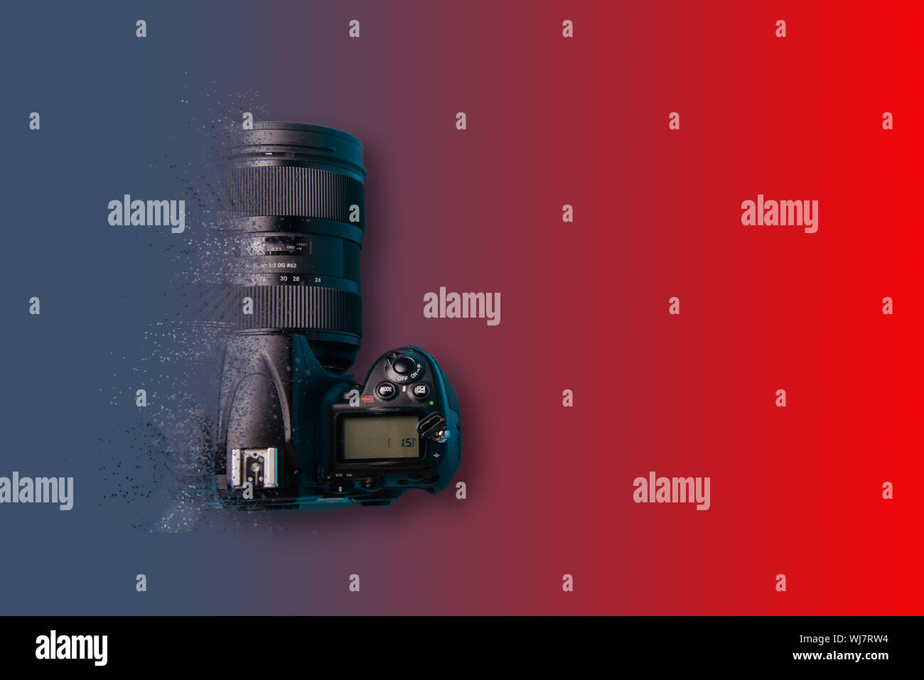 Professional modern DSLR camera against blue background Stock Photo - Alamy