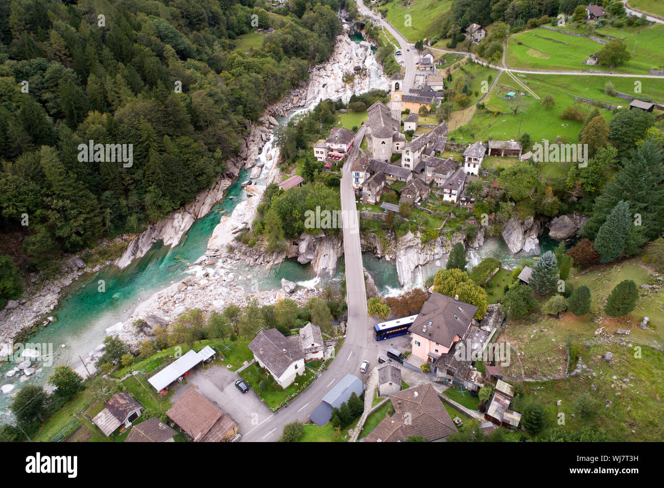 Aerial view Lavertezzo - Valle Verzasca Stock Photo - Alamy