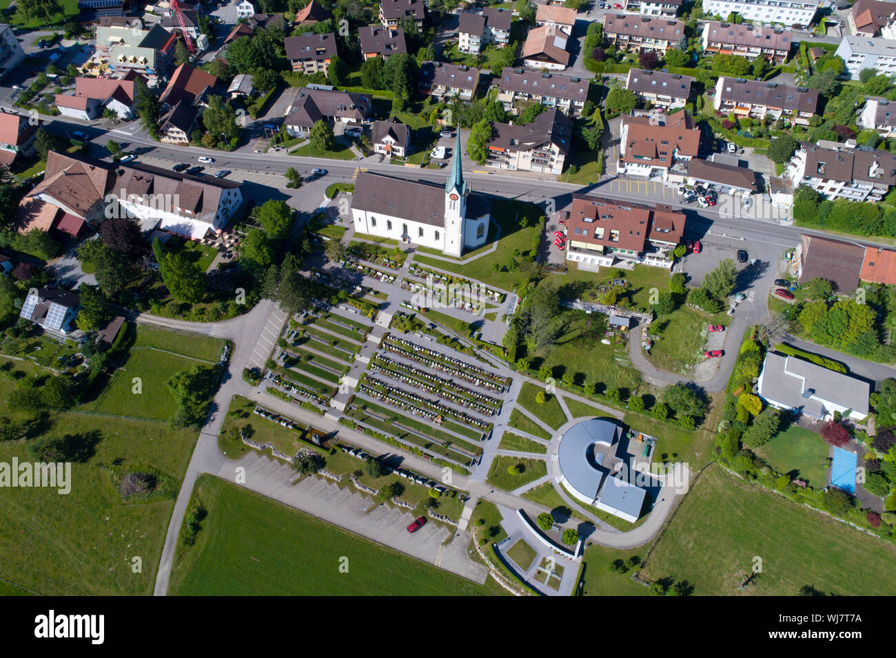 Aerial view Berikon Church St. Maurituis Stock Photo - Alamy