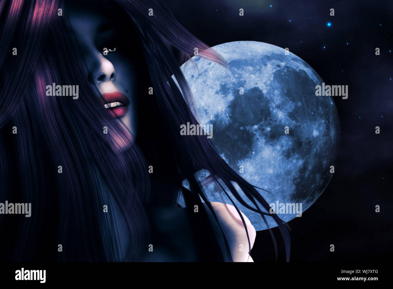 Illustration of woman and big blue moon background Stock Photo - Alamy