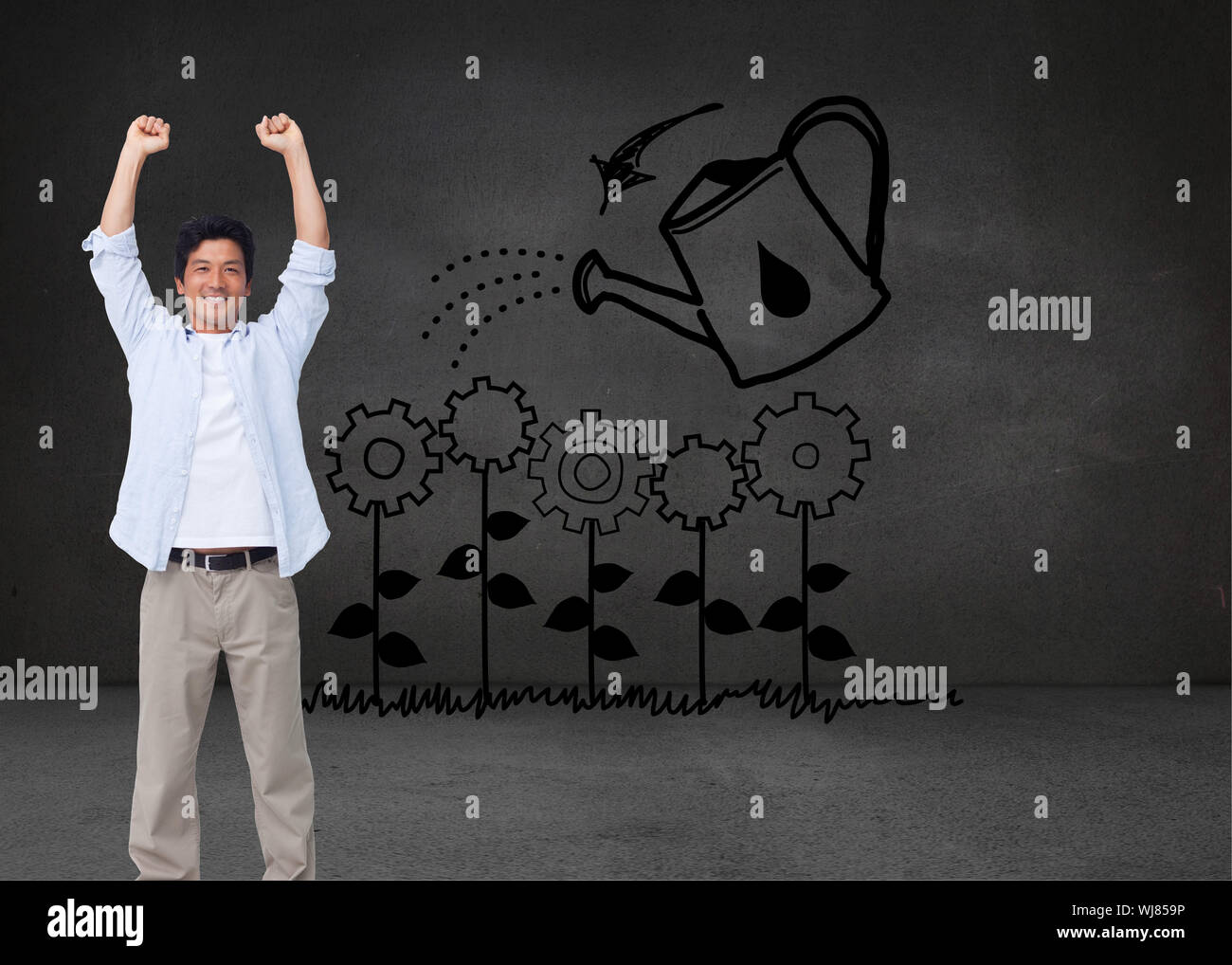 Composite image of cheering male with arms up against a white ...