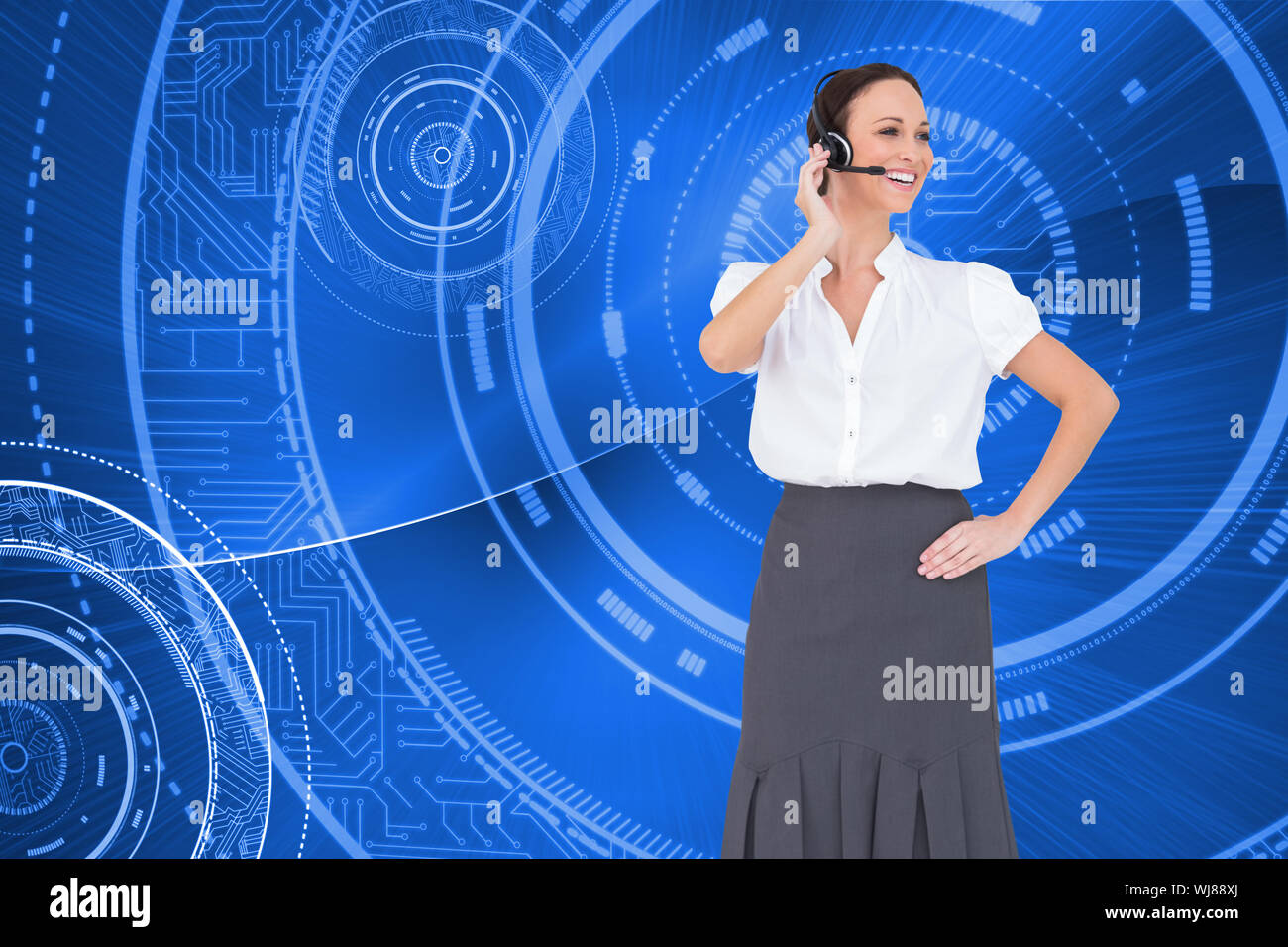 Composite image of cheerful smart call center agent working while ...