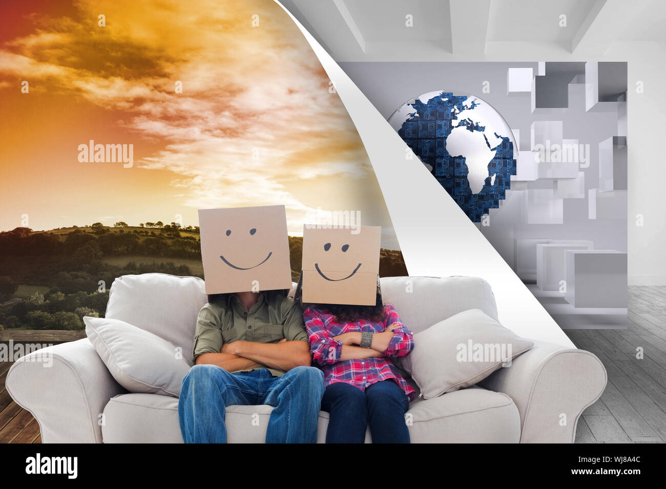 Composite image of silly employees with arms folded wearing boxes on ...