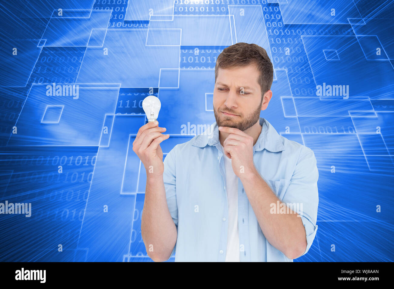 Composite image of sceptical model on white background holding a bulb ...