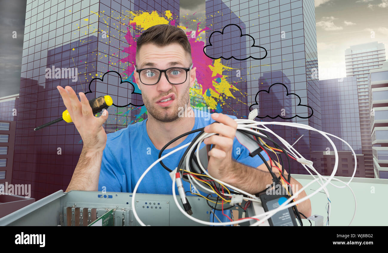 Composite image of portrait of confused young it professional with ...