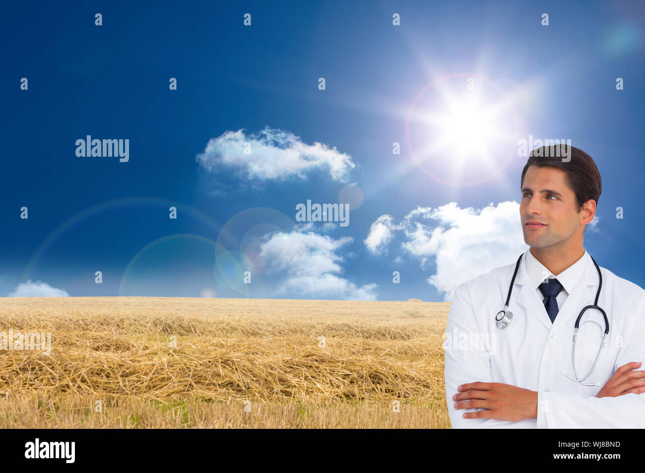 Composite image of confident doctor with arms crossed looking up on ...