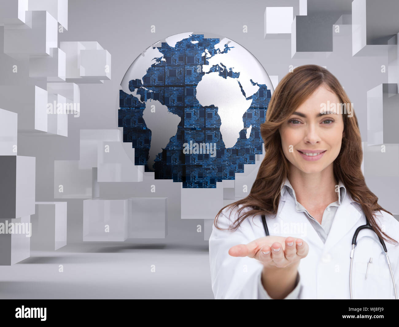 Composite image of portrait of female nurse holding out open palm ...