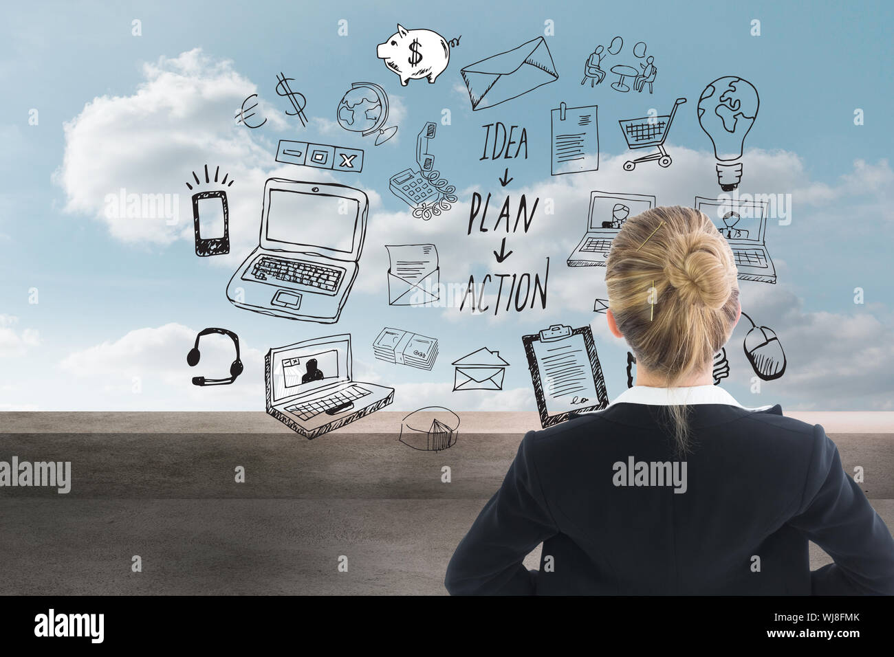 Composite image of blonde businesswoman standing with hands on hips ...