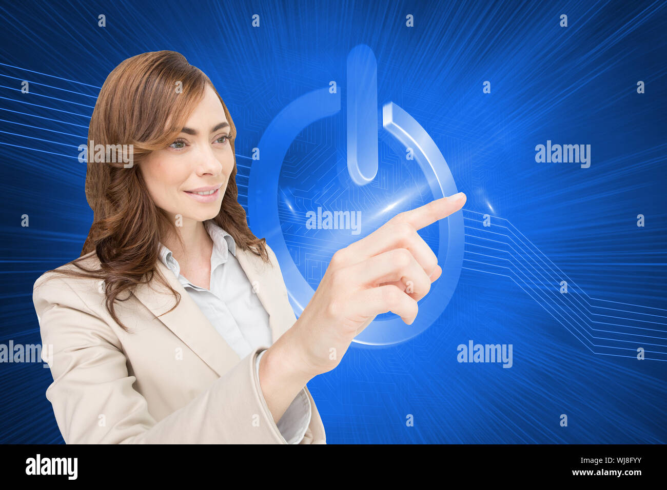 Composite image of businesswoman pressing an invisible key against a ...