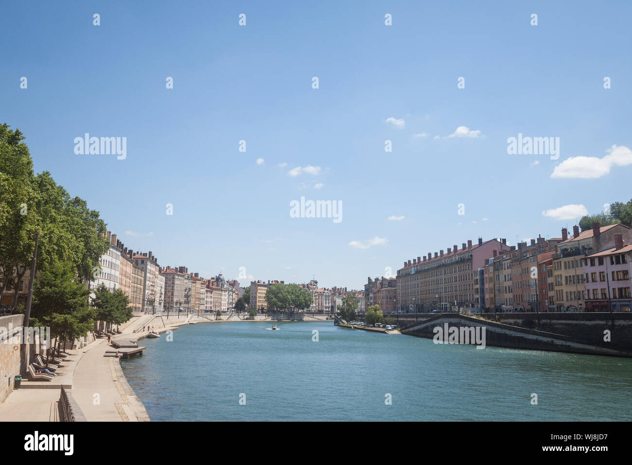 Panorama of Saone river and the Quais de Saone riverbank and riverside ...