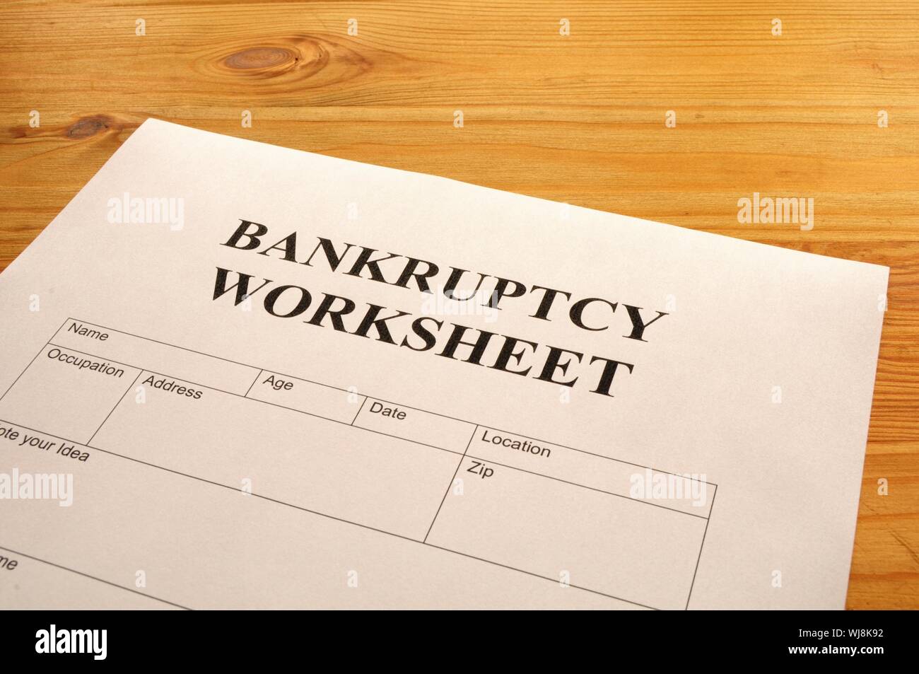 bankruptcy worksheet form or document showing business concept Stock ...