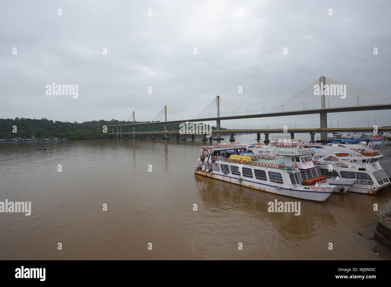 River Mandovi with Atal Setu (Third Mandovi Bridge). Panaji, Goa, India ...