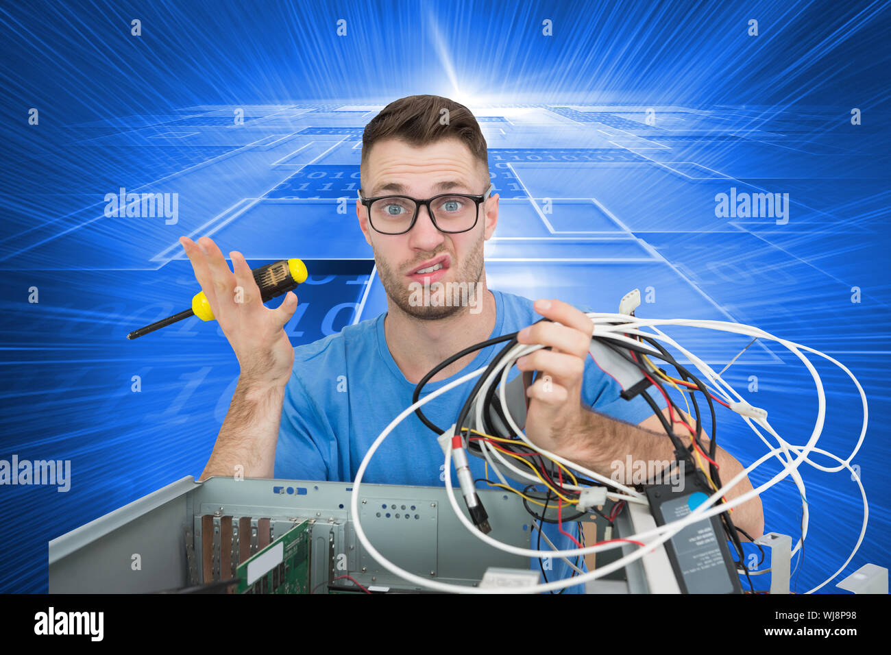 Composite image of portrait of confused young it professional with ...