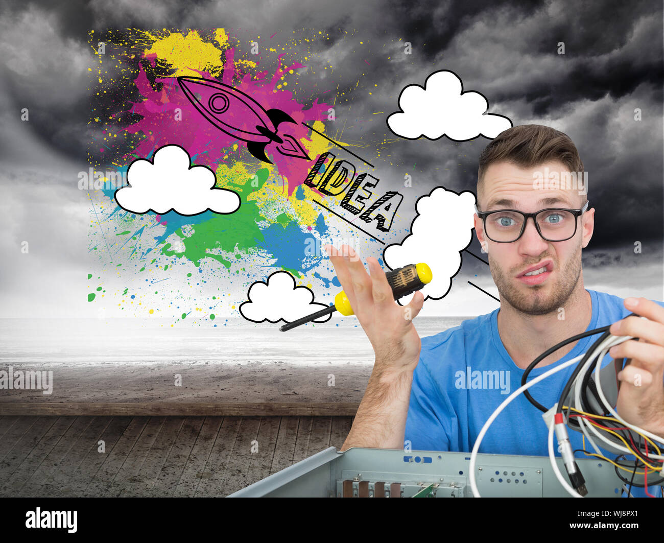 Composite image of portrait of confused young it professional with ...
