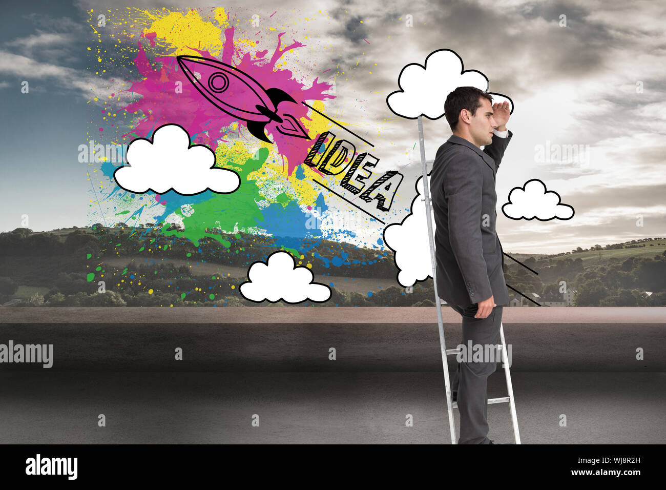 Composite image of businessman standing on ladder peering Stock Photo ...