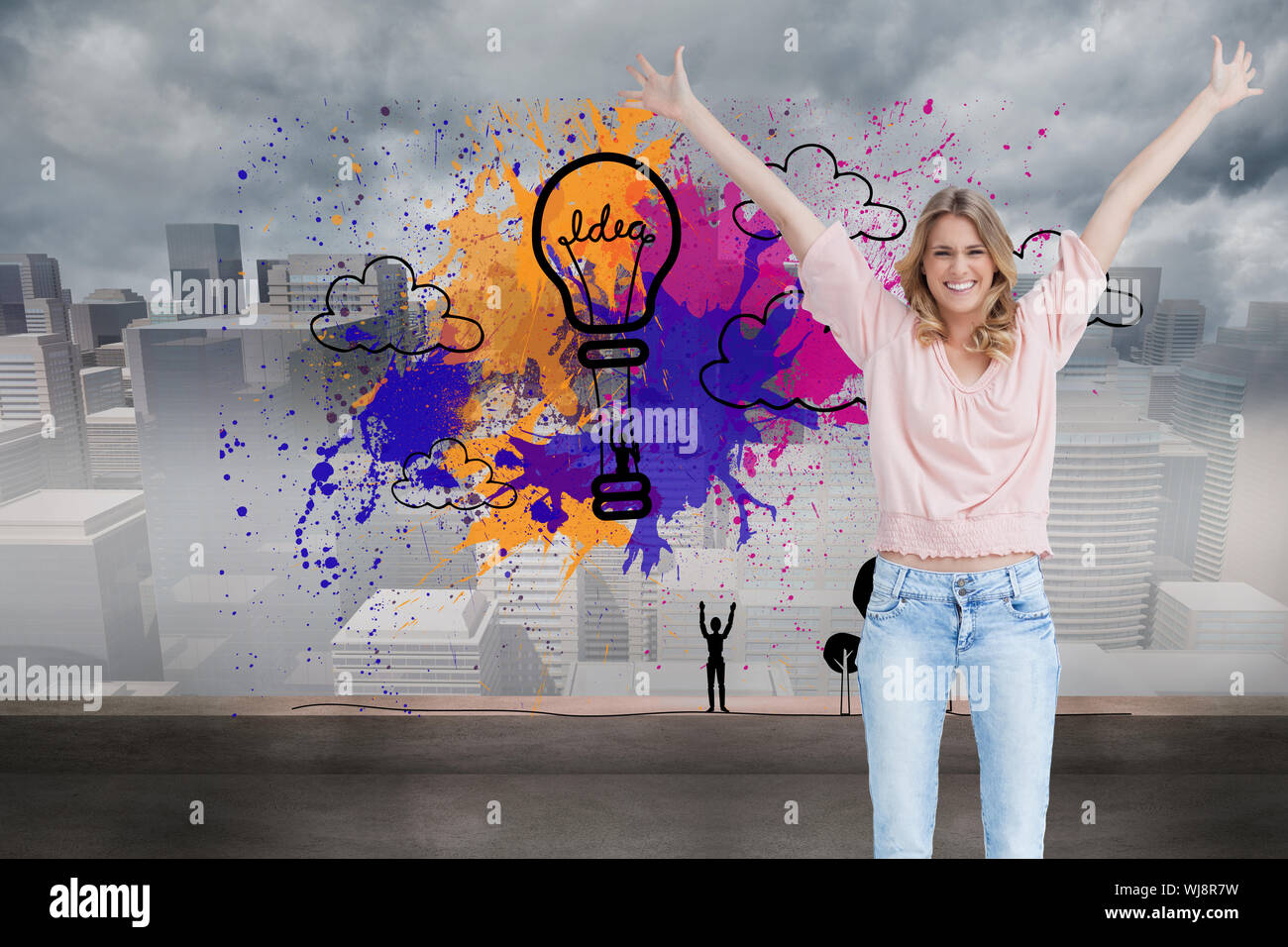 Composite image of a full length shot of a smiling woman who has her ...