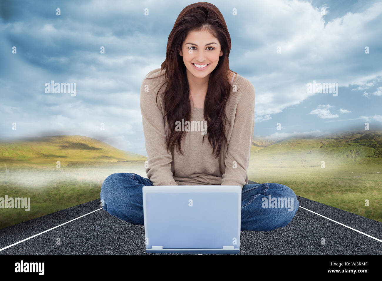Composite image of a woman smiling as she looks forward in front of her ...