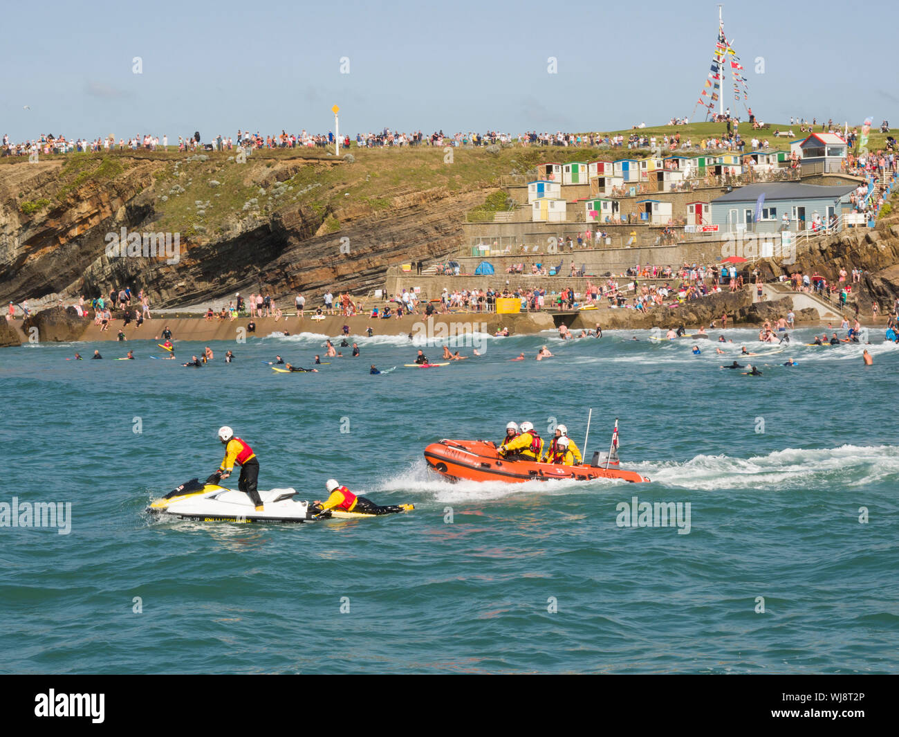 RNLI and lifeguard display during lifeboat week end at Bude, Cornwall ...