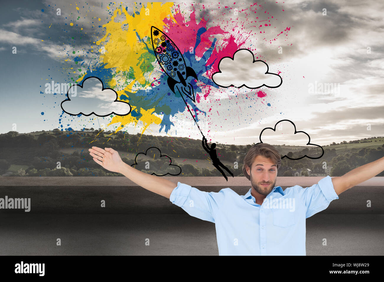 Composite image of handsome man raising hands and smiling Stock Photo ...