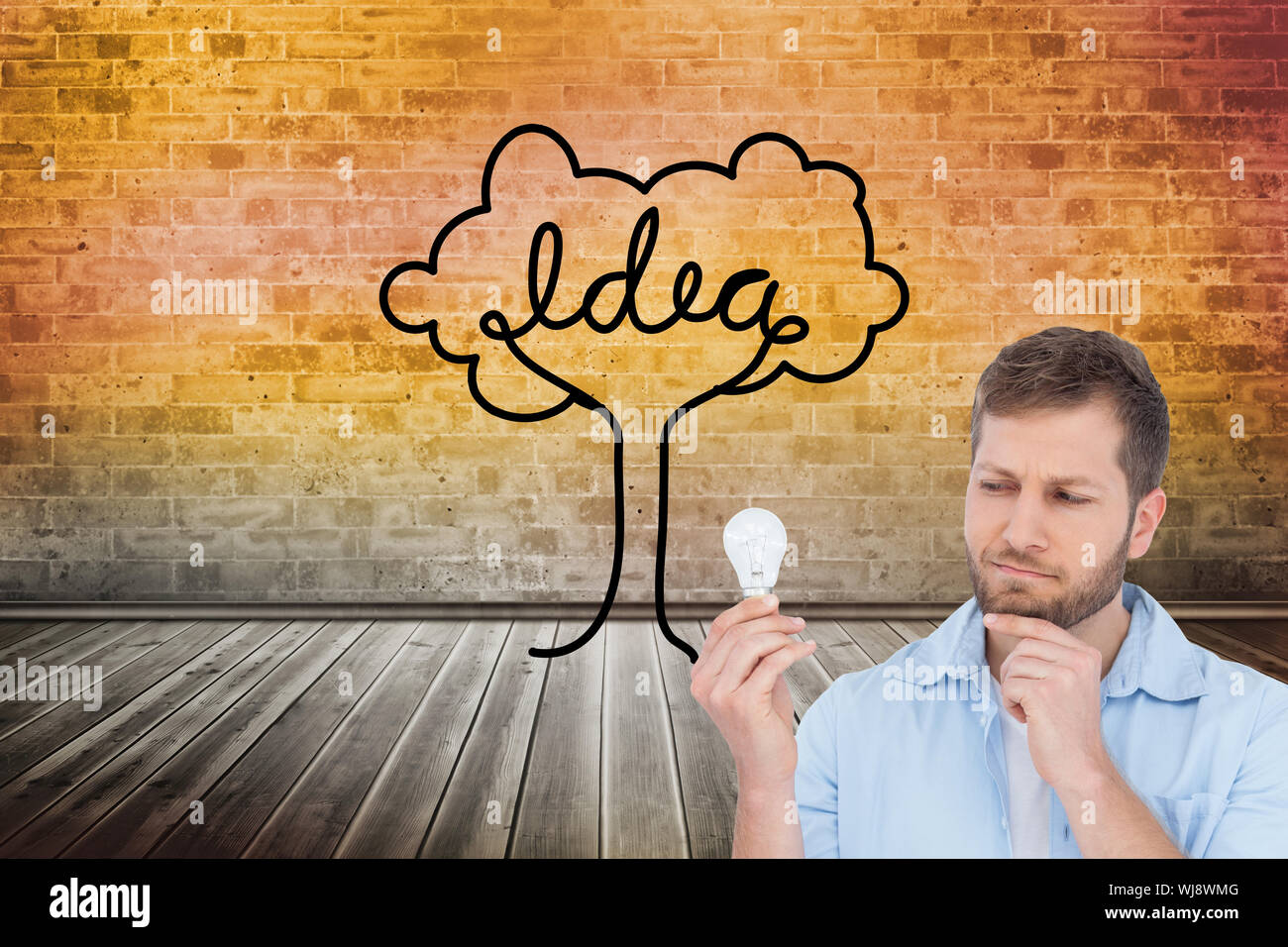 Composite image of sceptical model on white background holding a bulb ...