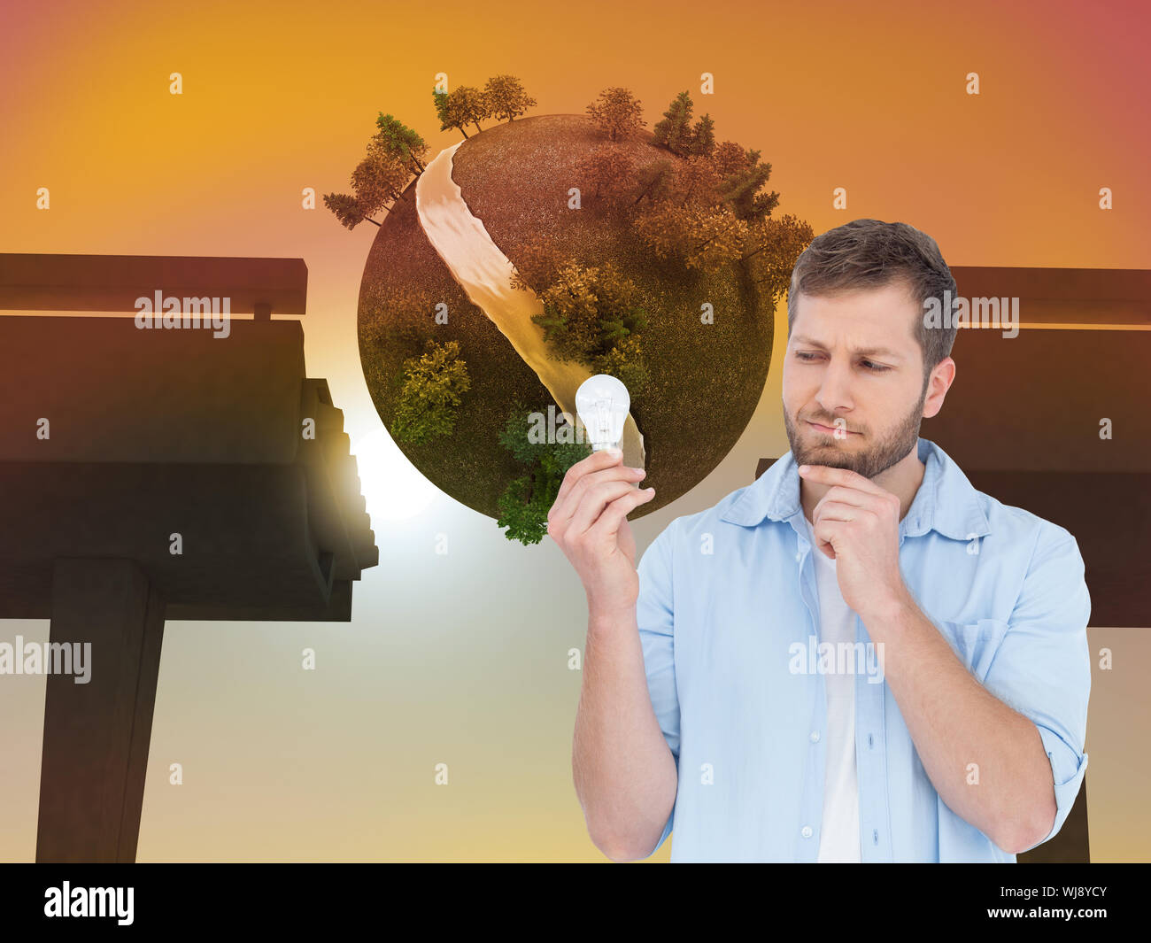 Composite image of sceptical model on white background holding a bulb ...