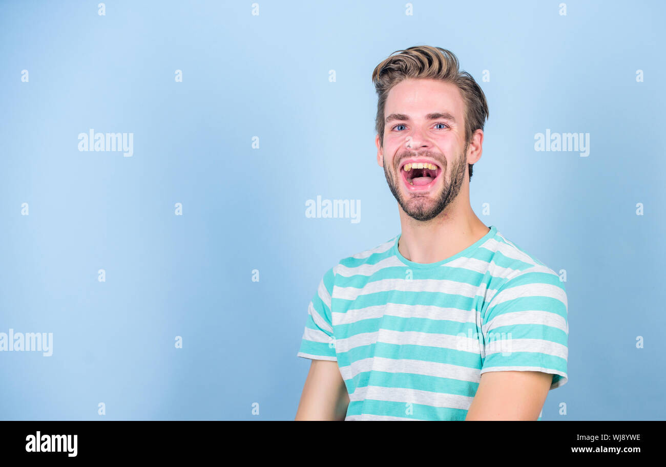 Good mood. Positive emotions concept. Man handsome hipster bristle ...