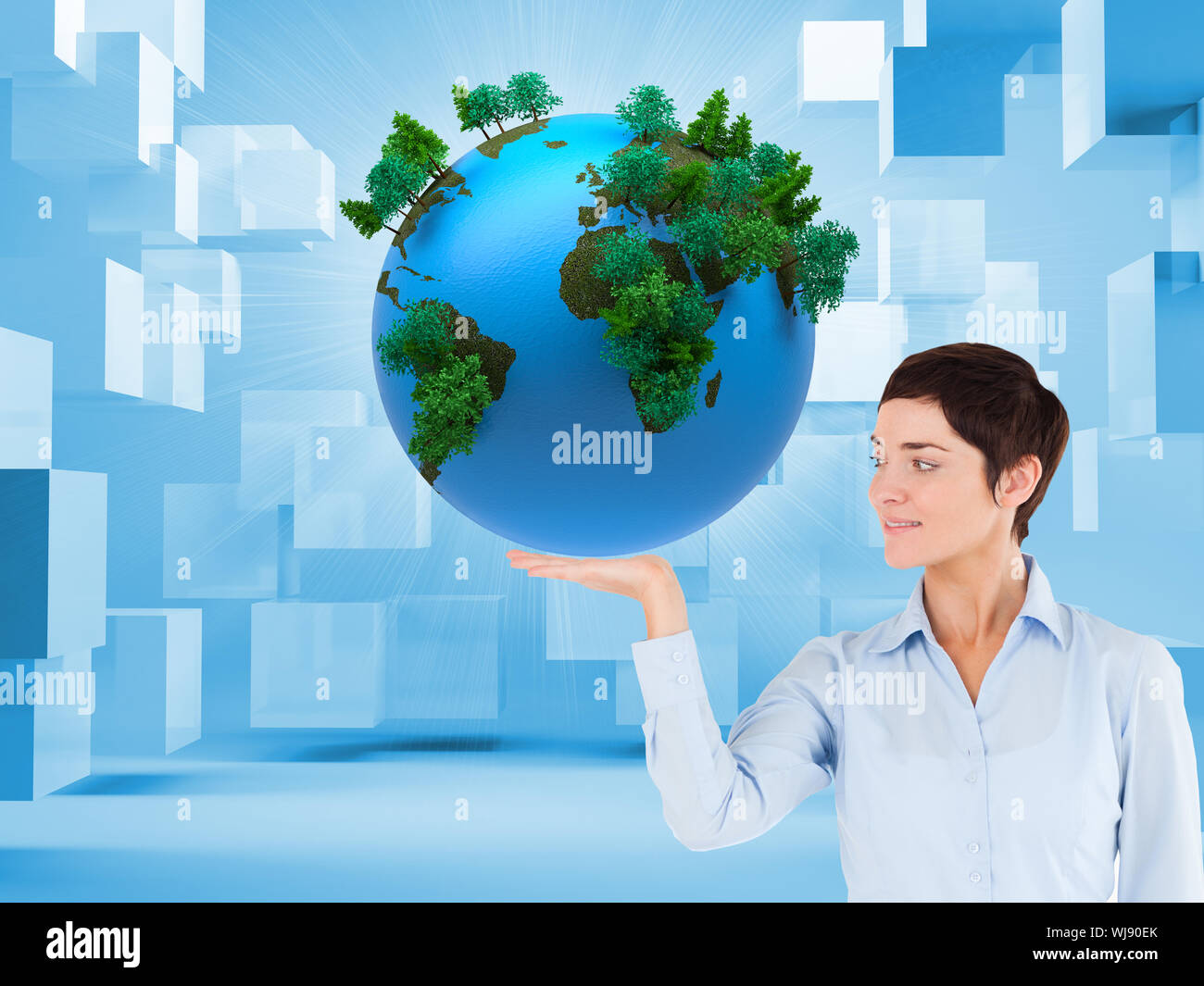 Composite image of businesswoman with an open hand to show a copy space ...