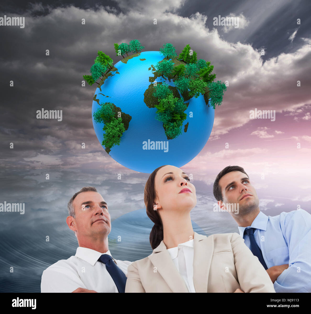 Composite image of serious work team posing together looking away on ...