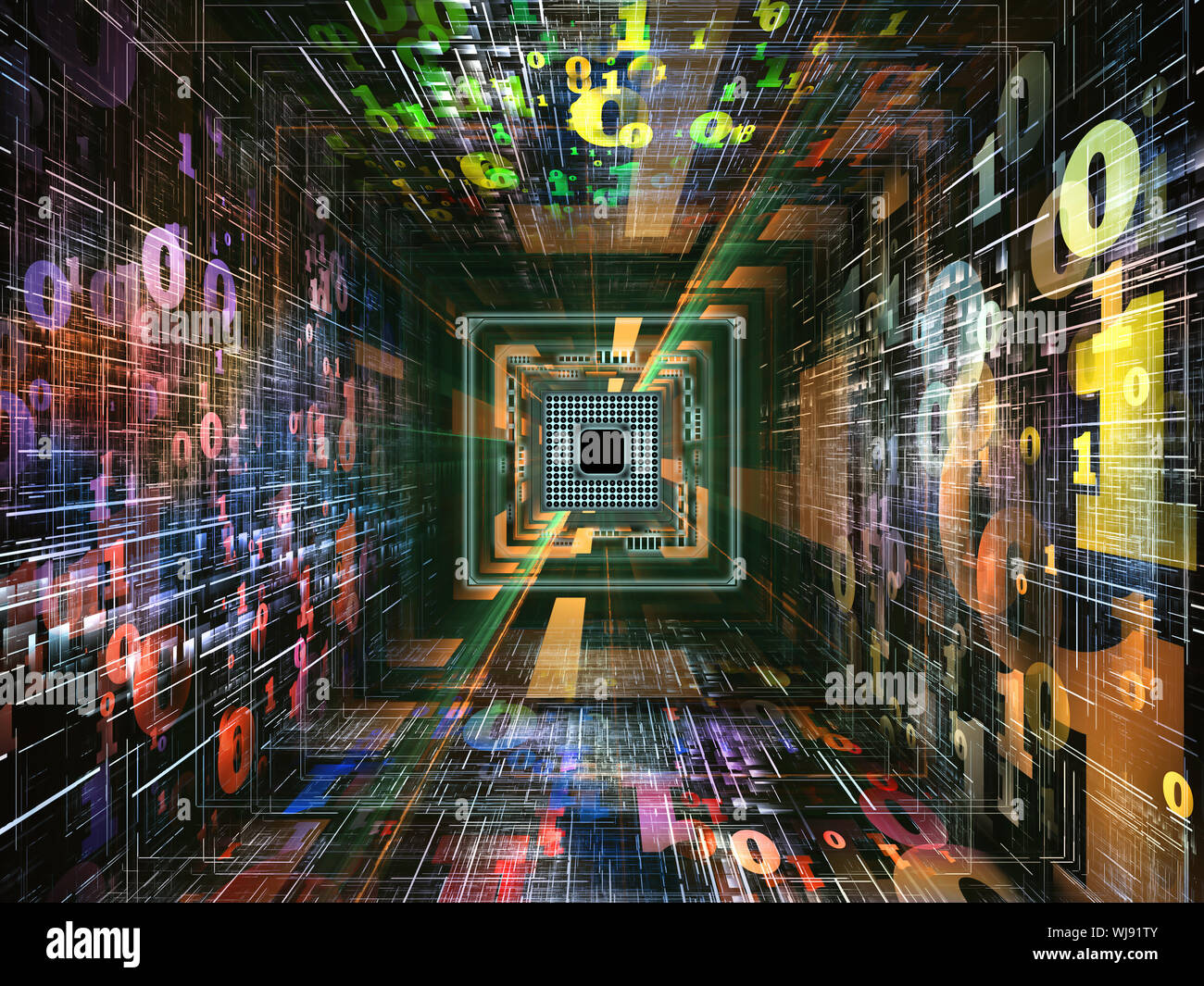 Number Tunnel series. Backdrop design of CPU chip, colorful numbers and ...