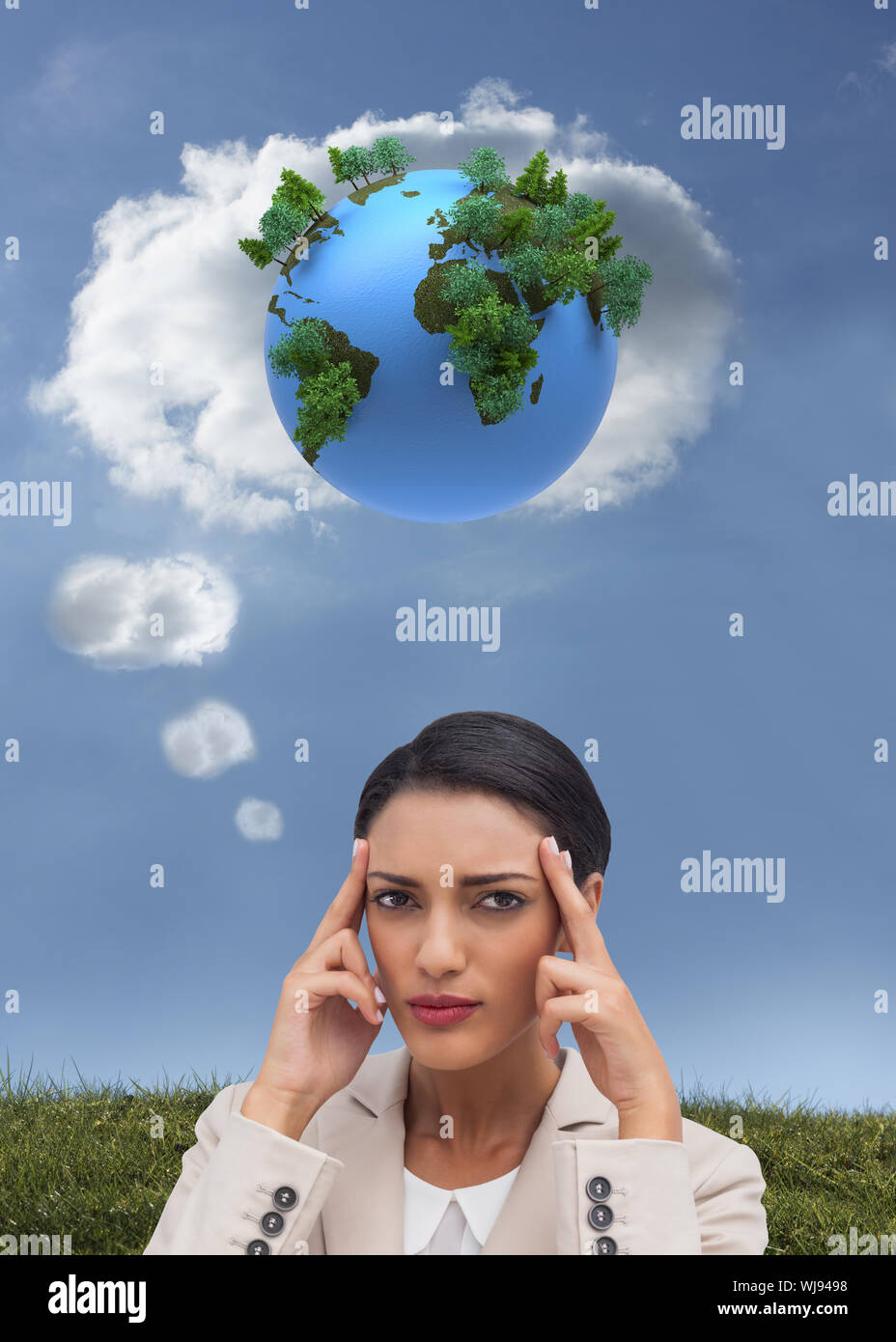 Composite Image Of Young Businesswoman Putting Her Fingers On Her Temples On White Background