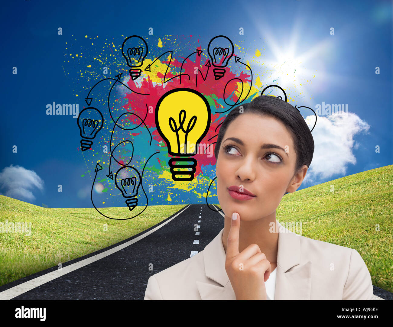 Composite image of smiling businesswoman thinking on white background ...