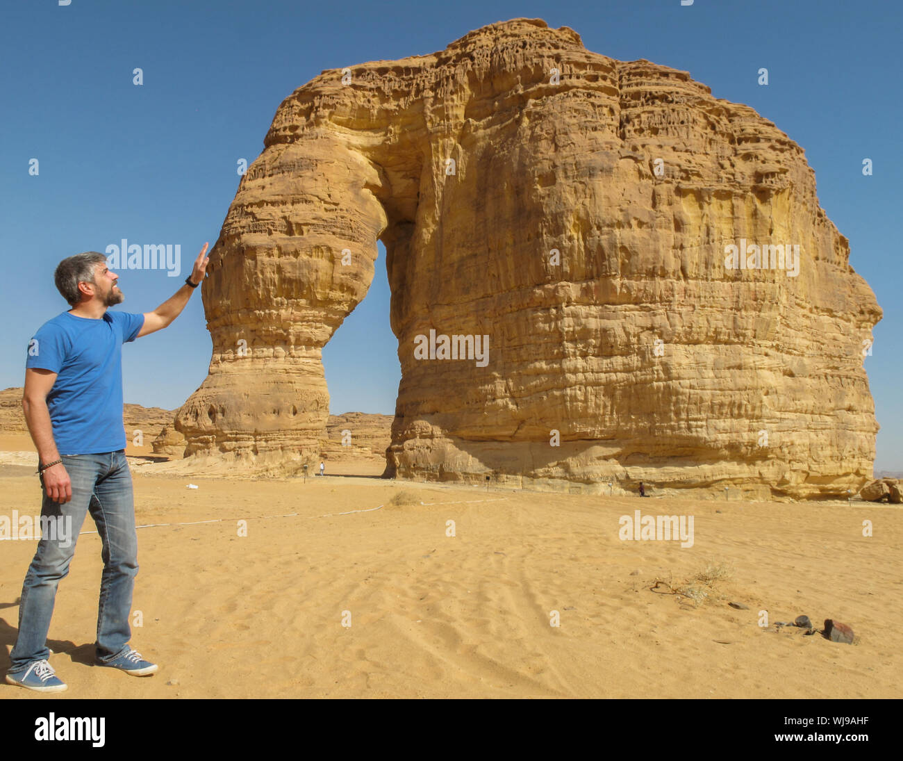 A man "stroked" the rock formation known as the Elephant Rock in Al Ula ...