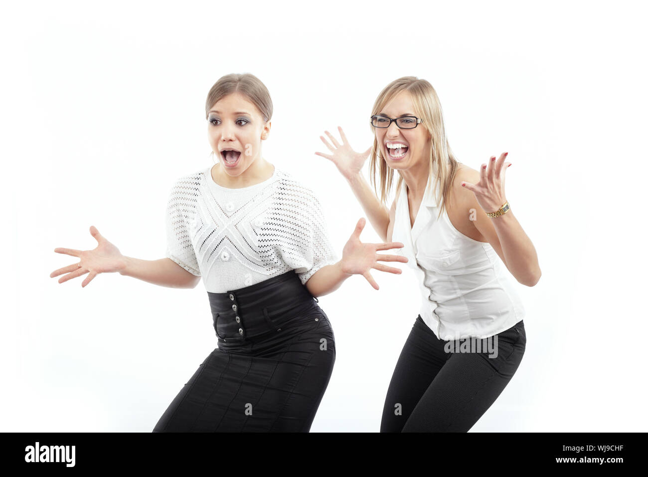 Happy businesswomen crying and gesturing by hands Stock Photo - Alamy
